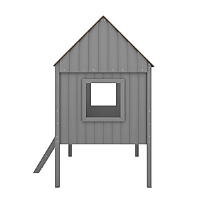 BOVZA Twin Size Low Loft Bed, Wood Kids House Bed with Two Side Windows and Roof for Kids Girls Boys, Gray+Brown