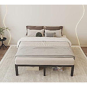 ROIL 14 inch Queen Size Bed Frame with Wood Slats - 3500lbs Heavy Duty No Box Spring Needed Platform, Mattress Stoppers Double Metal Noise Free Bedframe with Headboard Hole Underneath Storage
