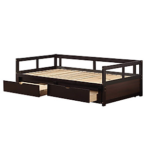 Daybed with Trundle and Drawers, Twin to King Design Sofa Bed,Wooden Extendable Bed Daybed for Bedroom Living Room, Espresso