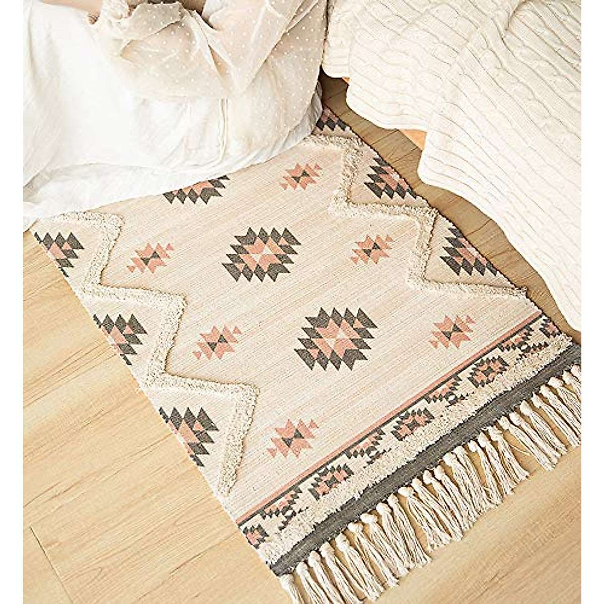 Wolala Home Print Tufted Rug Mat Boho Geometric Tassels Throw Area Rugs Machine Washable Fringe with Non-Slip Mat for Bathroom,Bedroom,Living Room,Laundry Room Kitchen Rug,Doormat (2'x3')