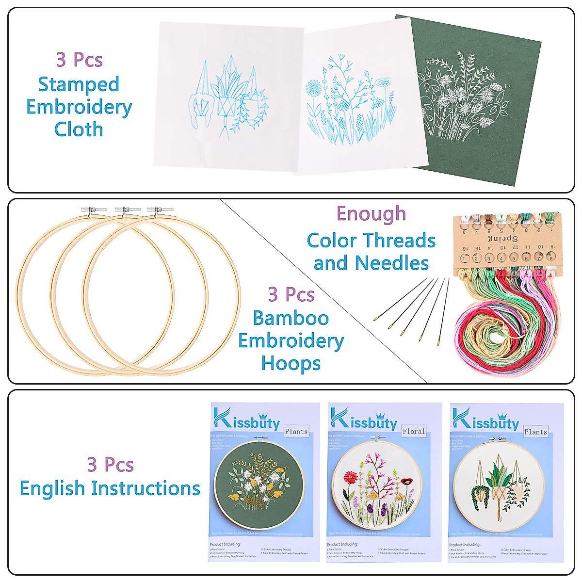 3 Pack Embroidery Starter Kit with Pattern, Kissbuty Full Range of Stamped Embroidery Kit Including Embroidery Fabric with Pattern, Bamboo Embroidery Hoops, Color Threads and Tools Kit (Floral Plants)