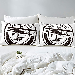 Feelyou Aviation Bedding Set for Teens Boys,Black and White Vintage Aircraft Comforter Cover Kids Child,Retro Hipster Lightweight Soft,Decor Queen Size 3 Pcs (1Duvet Cover+2 Pillowcases),Zipper