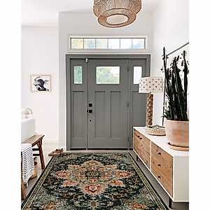 Morebes Ultra-Thin Boho Large Living Room Carpet, Green 5x7 Rug for Bedroom Washable Area Rug Non Slip Dining Mat, Office Rug Distressed Floral Floor Carpet for Guestroom Decor