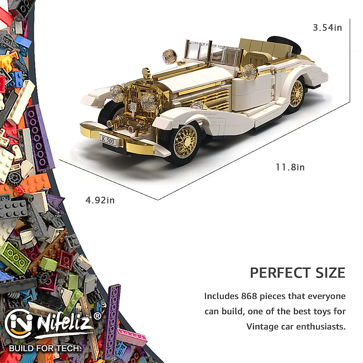 Nifeliz Retro Sports Collectible Retro Model Cars Set to Build, K500 MOC Building Blocks and Construction Toy, Adult, 1:14 Scale, New 2023 (868 Pcs)