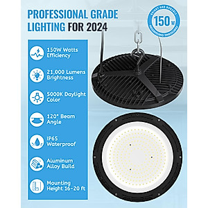 Fullmeii 6Pack 150W UFO LED High Bay Light, 21,000lm 5000K Daylight Commercial Lighting, IP65 Waterproof Shatterproof Fixture with 5' Cable, UL Listed for Industrial Warehouse