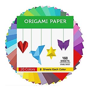 Origami Paper Double Sided Color - 160 Sheets - 20 Colors - 6 Inch Square Easy Fold Paper for Beginner