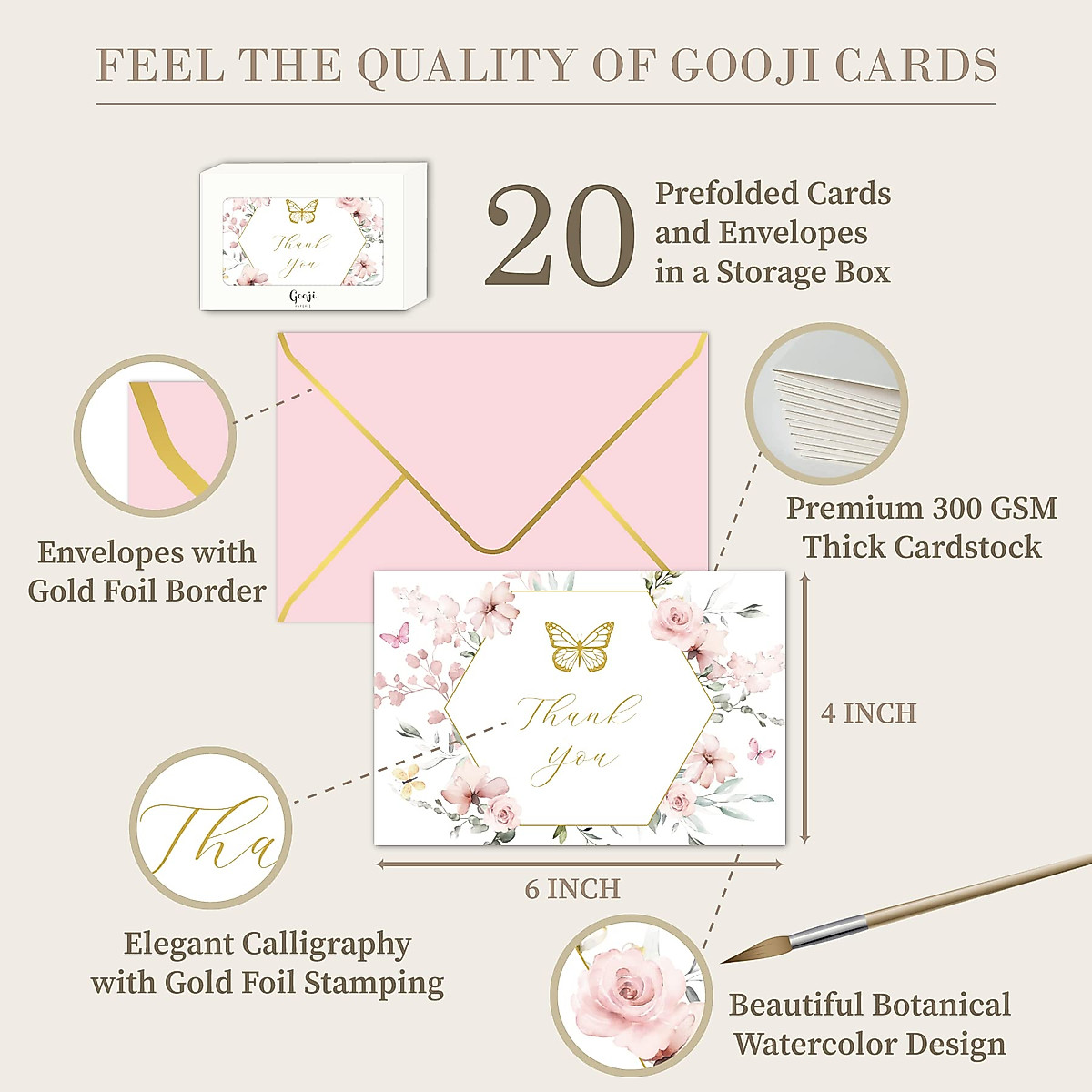 Gooji 4x6 Butterfly Dream Thank You Cards with Envelopes (Bulk 20-Pack) Baby Shower, Bridal Shower, Wedding, Greeting, Blank Notes Business Box Assorted Stationary Pink Flowers