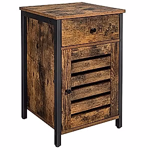 VASAGLE Nightstand, Side Table with Drawer, Shutter Door, End Table with Adjustable Shelf, Metal Frame, Industrial Style, Rustic Brown and Black ULET063B01