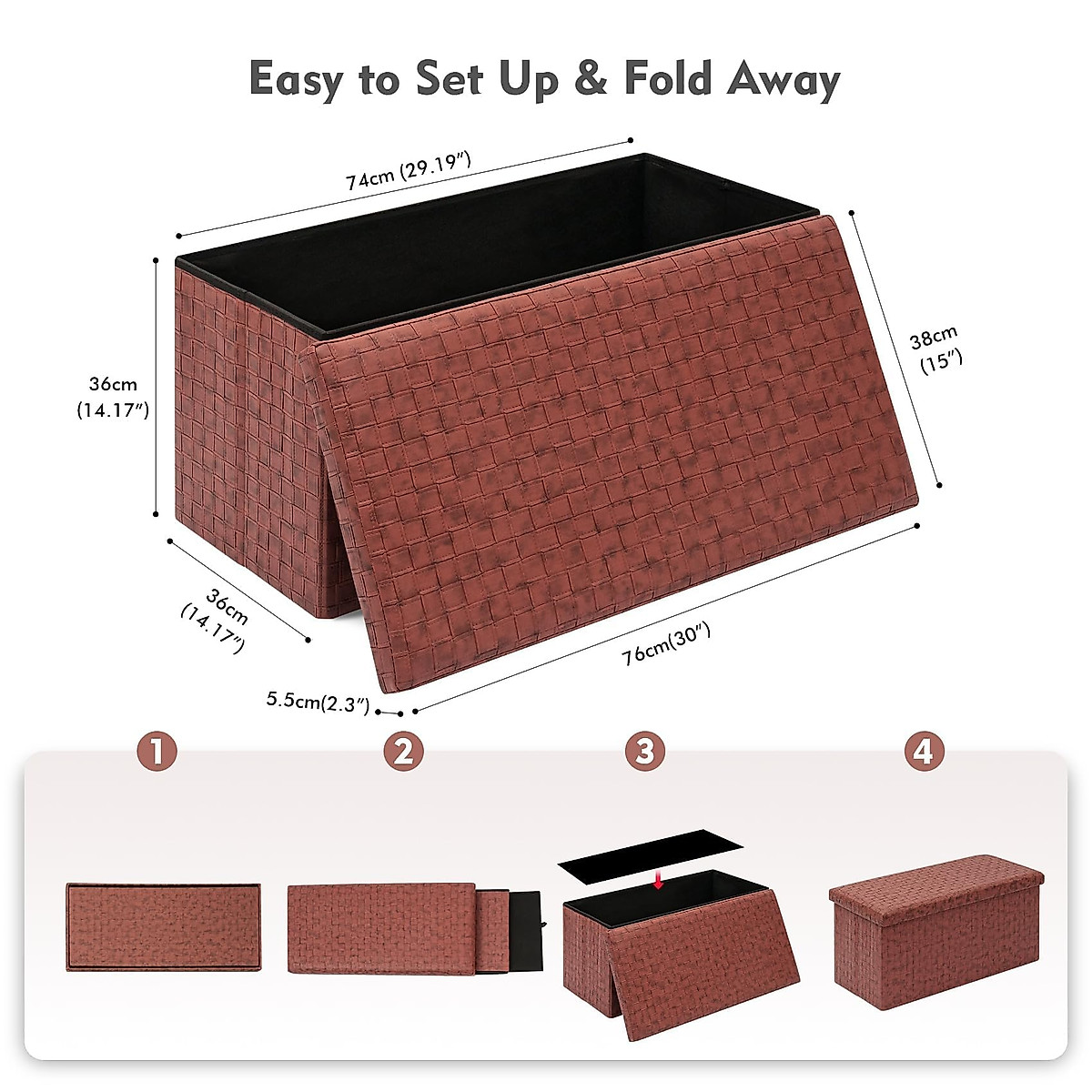 B FSOBEIIALEO Folding Storage Ottoman, Faux Leather Footrest Seat Long Bench Toy Box Chest, Brown 30"x15"x15"