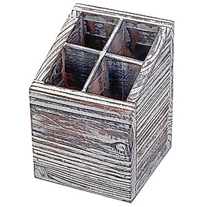 MyGift Square Torched Brown Wood Pencil Cup Pen Holder for Desk with 4 Compartments and Slanted Design, Desktop Office Supplies Storage Box Organizer Bin