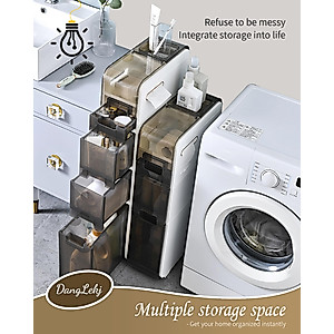 4 Tier Bathroom Floor Cabinet, Vertical Storage Unit with Clear Drawers and Casters, Large Capacity Narrow Tall Slim Storage Tower Waterproof Toilet Paper Storage Cabinet for Small Spaces Gaps