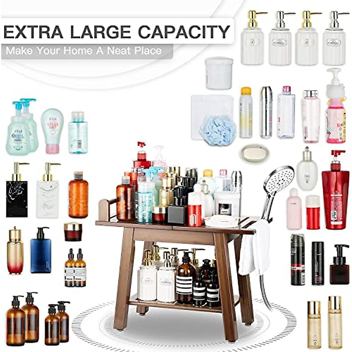 ETECHMART 2-Tier Bamboo Shower Bench, 24 Inch Spa Stool with Storage Shelf for Inside Shower Legs Shaving, Entryway or Bathroom, A-Shaped Shower Bath Seat for Seniors Adults Disabled Women, Walnut