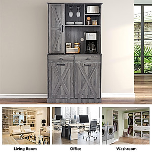 Bocarali Double Tilt Out Trash Cabinet, 20 Gallon Wood Free Standing Storage Cabinet with Drawers Shelves Wine Rack, Kitchen Garbage Can Recycling Bin Cabinet for Farmhouse Kitchen Living Room, Gray