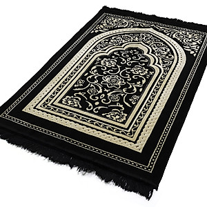 Modefa Turkish Islamic Velvet Prayer Rug - Thick Wide Soft Prayer Carpet - Men & Women - Large Prayer Mat - Eid & Ramadan Gift - with Kufi Cap Beads & Car Hanger - Double Plush Floral Black