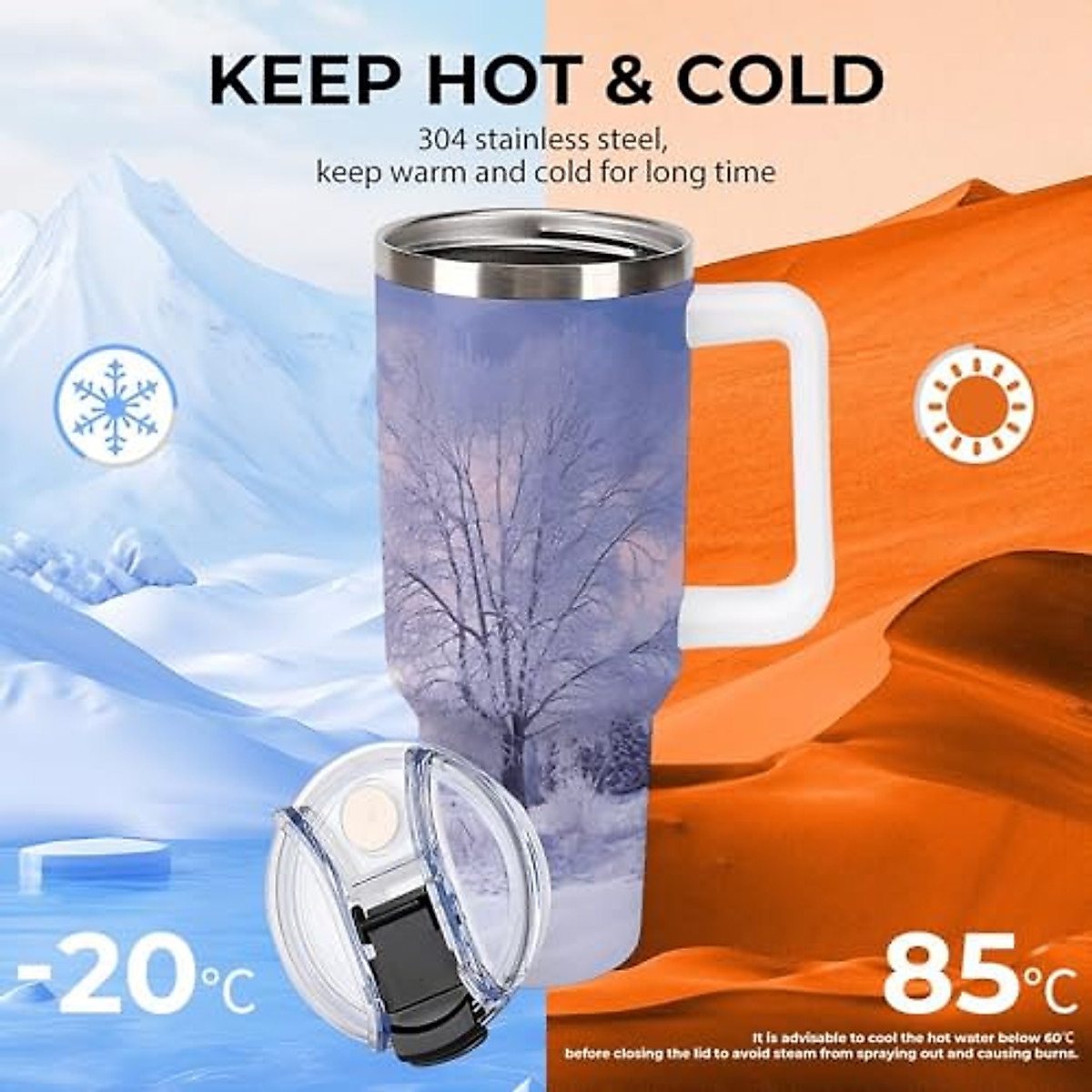 LLUTSNTH 40 Oz Vacuum Tumbler with White Handle Leakproof Insulated Tumbler Winter Landscape Stainless Steel Travel Mug with Lid And Straw Coffee Cup Cute Water Bottles Cup Holder Friendly