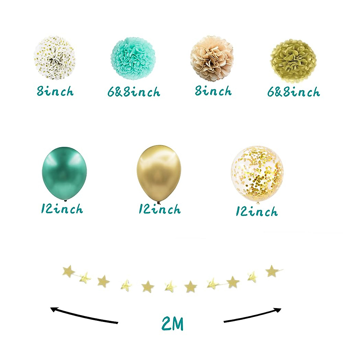 Teal Gold Birthday Decorations for Women Girls,Happy Birthday Banner,Paper Pompoms,Teal Gold Balloons,Hanging Swirl,Star String,suit for 13th 15th 16th 18th 20th 30th 40th 50th Birthday party