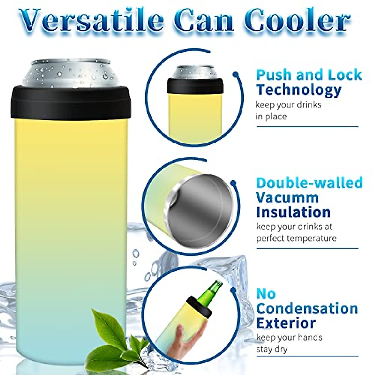 Focily Insulated Can Cooler 24 Oz Double-Walled Stainless Steel Skinny Can Cooler Slim Can Insulator For 24 / 25 Oz Cans Tall Boy & Bomber Bottle (light blue & yellow)