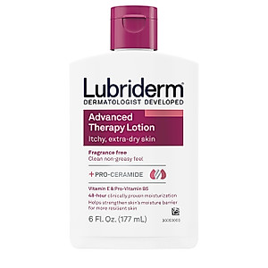Lubriderm Advanced Therapy Fragrance Free Moisturizing Hand & Body Lotion + Pro-Ceramide with Vitamins E & Pro-Vitamin B5, Intense Hydration for Itchy, Extra Dry Skin, Non-Greasy, 6 fl. oz