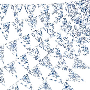 5 Pieces Blue White Vintage Floral Paper Pennant Garland Wedding Garland Triangle Banner for Wedding Bridal Shower Outdoor Decoration