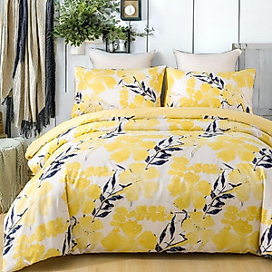 Tache Elegant Watercolor Tropical Spring Floral Bright Yellow Ivory Black Blue Printed Flower Patterns Soft Microfiber Zipper Closure Corner Ties Reversible Duvet Cover, King