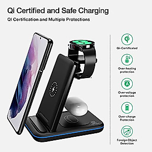 Wireless Charging Station for Samsung, Earteana 3 in 1 Qi Certified Charger/Stand for Samsung Galaxy S23/S22/S21/S20/Note20/10, Galaxy Watch4/Classic/3/1/Active 2/1, Buds+/Live with Adapter (Black)