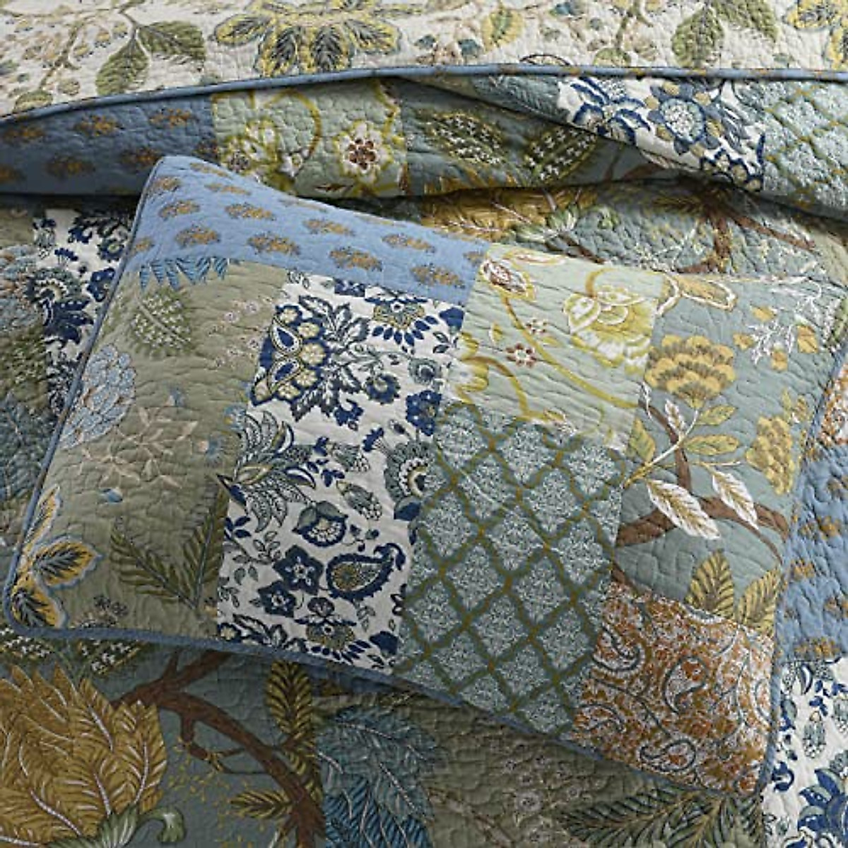 Yvooxny Quilt Set California King Bedspread Oversized Quilt Reversible Green Farmhouse Garden Coverlet Real Patchwork Quilt Set for All Seasons, Bohemian Floral Pattern, California King Size