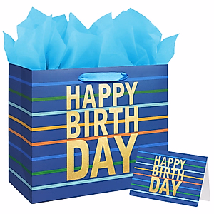 13" Large Blue Gift Bag with Tissue Paper, Card and Handles for Men's Birthday, Kids' or Baby Boy (Stripe)