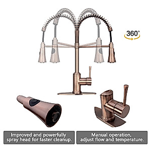 Akicon Antique Copper Pre-Rinse Spring Kitchen Faucet, Single Level Solid Brass Kitchen Sink Faucets with Pull Down Sprayer Modern Style