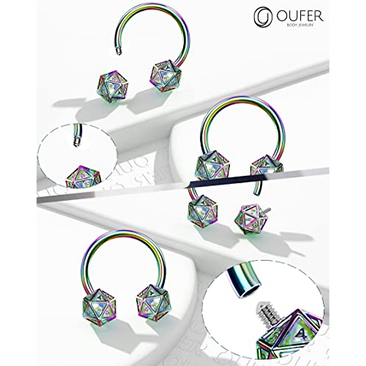 OUFER 16G Septum Rings, 316L Surgical Steel Septum Piercing Jewelry, Icosahedron Dice Cartilage Earrings, Helix Daith Conch Piercing Jewelry for Women and Men