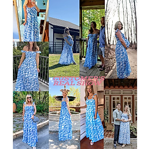 MERMAID'S CLOSET Womens Straps Blue Floral Print Smocked Maxi Dress Boho Casual Chiffon Flowy Beach Long Dresses
