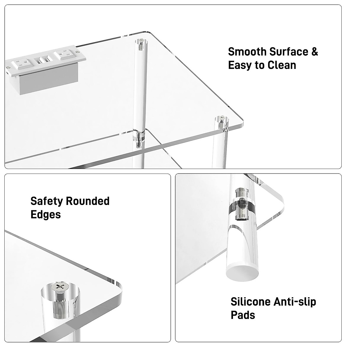 Eglaf Acrylic Side Table with Charging Station - Clear Nightstand End Table with USB Ports and Outlets - Small Bedside Table for Bedroom, Living Room, 15'' L x 11.8'' W x 23.6'' H, 3 Tier