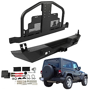 Front Bumper and Rear Bumper w/Tire Carrier Fit 2007-2018 for Jeep Wrangler JK with Winch Plate with D-ring LED Strip Light and 4XLED Lights w/Tire Carrier