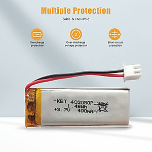 KBT 3.7V 400mAh Li-Polymer Battery: 402050 Lipo Rechargeable Lithium-ion Replacement Batteries with JST Connector