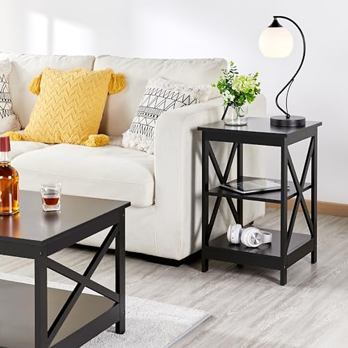 Yaheetech Black End Table Set of 2, 16x16x24 in Sturdy 3-Tier Side Tables with Storage Shelf & Solid Wood Legs, 2Pcs X-Design Modern Sofa Side Table for Living Room Office, Easy Assembly