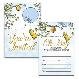 Dolimifa Blue Oh Boy a Little Hunny is on His Way Baby Shower Invitations Fill in Style Classic Winnie the Pooh Bear Baby Shower Invites, 20 Count With Envelopes