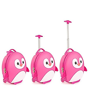 Boppi Tiny Trekker Kids Luggage Travel Suitcase Carry On Cabin Bag Holiday Pull Along Trolley Lighweight Wheeled Holdall 17 Litre Hand Case - Pink Penguin