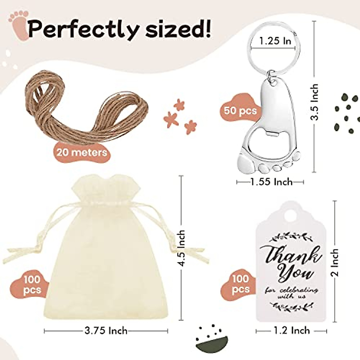 MRN BEAUTY 50 Pieces footprint bottle opener keychain Baby shower and Gender Reveal Party Return Gifts for Guests Footprint Bottle Opener Keychain with 100 Organza bags and Thank you Tags. (silver)