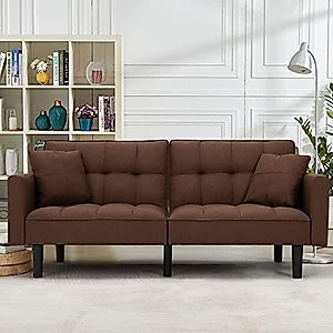 AVAWING Futon Sofa Bed, Modern Linen Fabric Convertible Sofa Bed Upholstered Sofa Couch Bed with Adjustable Back, Arms and High Strength Nylon Legs for Living Room, Apartment, Office（Brown）