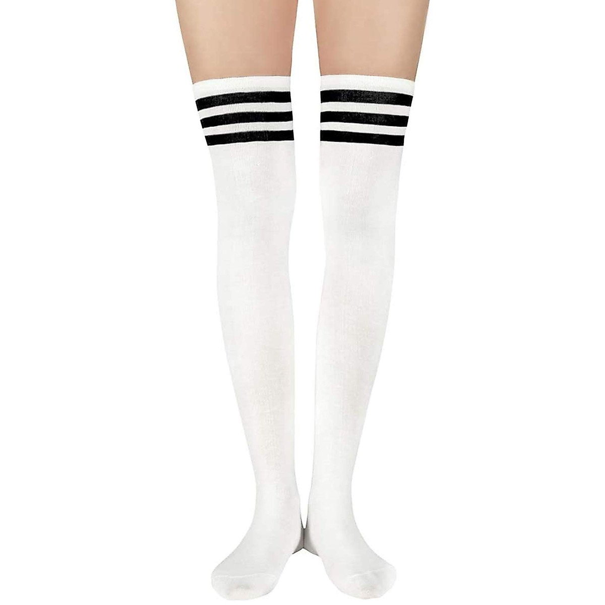 Century Star Women's Casual Athlete Striped Over Knee Thin Thigh High Tights Long Stocking Socks C 1 Pair White Black One Size
