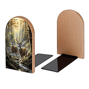 Two Deer Autumn River Book Ends Decorative Wood Bookends for Shelves Kids Room Desk Home Office Book Stoppers for Magazines,Books, DVDs, 1 Pair/2 Pieces(5x3.1 in)