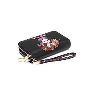 Frida Kahlo Cartoon Two Zip Around Wallet with Wristlet (Black/Black)