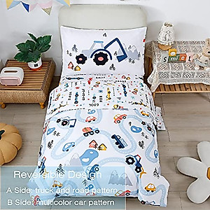 PERFEMET Toddler Bedding Kids 4 Pieces Bed in A Bag for Boys Cars Printed Microfiber Toddler Comforter Sets with Standard Pillow Case Modern Bedroom Collection, White