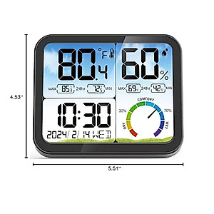 VOCOO Digital Indoor Room Thermometer - 5.8'' Extra Large Display Temperature Humidity Sensor with Accurate Temp Humidity Gauge Monitor, Calibration, Max & Min Records, Comfort, Backlit, Date & Clock
