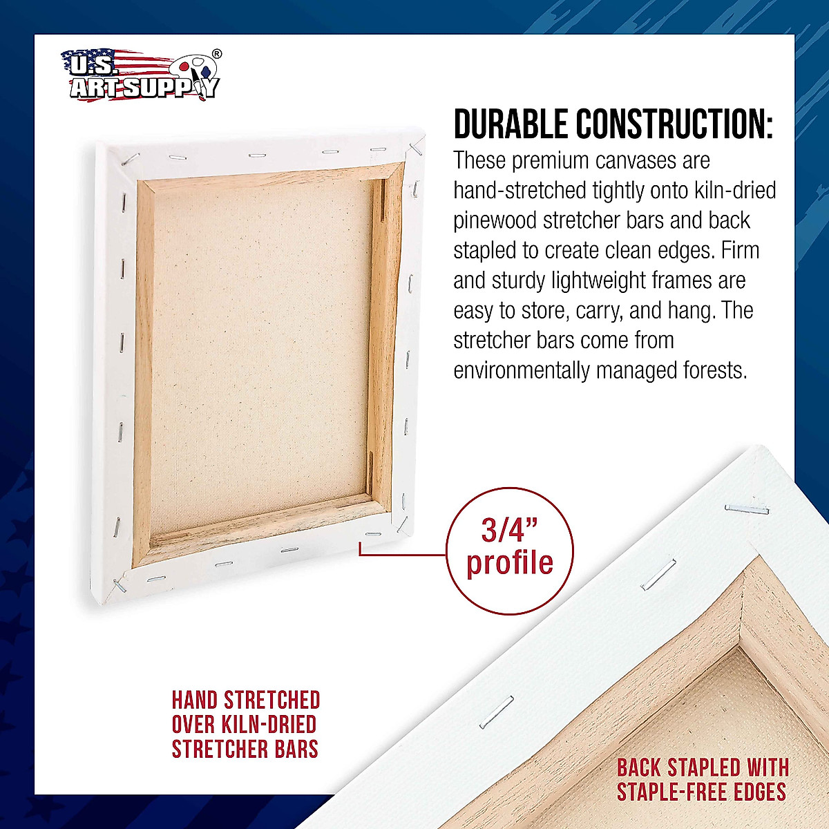 U.S. Art Supply 16 x 16 inch Stretched Canvas 12-Ounce Triple Primed, 6-Pack - Professional Artist Quality White Blank 3/4" Profile, 100% Cotton, Heavy-Weight Gesso - Acrylic Pouring, Oil Painting