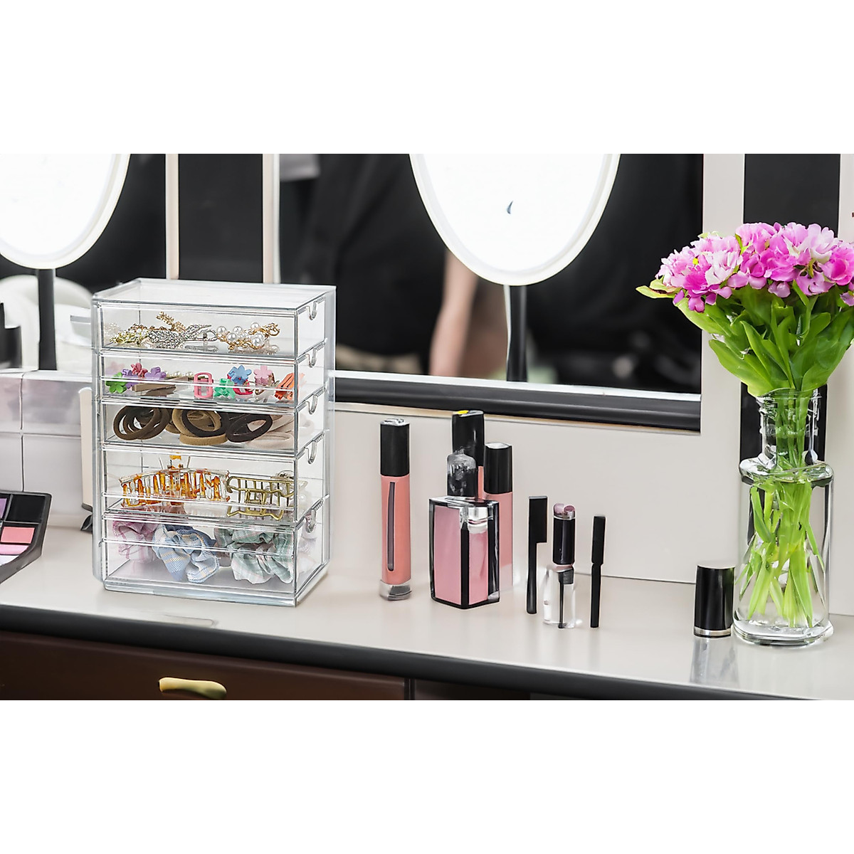 Plastic Drawer Storage with 5 Different Sizes Drawers, Clear Light Gray Hair Accessories Organizer, Transparent Bathroom Organizer, Clear Organizer Drawers, Dresser Organizer