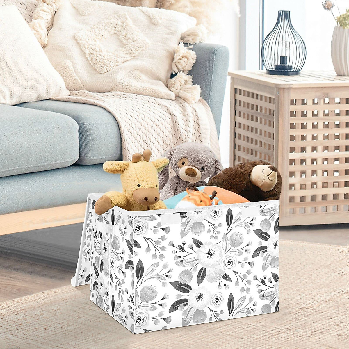 Black Grey Floral Flowers on White Storage Basket Bin with Lid, Foldable Bucket Box Closet Organizer Laundry Hamper for Home Office 16.5x12.6x11.8 in