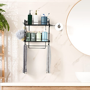 Vrisa Over Toilet Bathroom Organizer, 2-Tier Bathroom Storage Shelf Multifunctional Toilet Rack for Bathroom Decor No Drilling Over Toilet and Wall Mounted Design Space Saver, Black