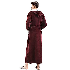 Hellomamma Mens Long Robes with Hood Full Length Hooded Bathrobe Fleece Plush Fluffy Housecoat Nightgown Wine Red