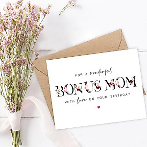 Bonus Mom Birthday Card - Bonus Mom Mothers Day Card - Floral Bonus Mom Birthday Card - Card For Bonus Mom - For A Wonderfull Bonus Mom With Love On Your Birthday