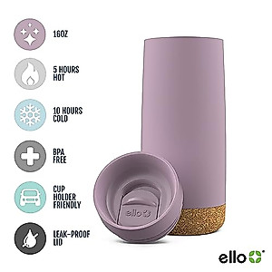 Ello Cole 16oz Vacuum Insulated Travel Coffee Mug with Leak-Proof Slider Lid and Built-in Coaster, Keeps Hot for 5 Hours, Perfect for Coffee or Tea, BPA-Free Tumbler, Mauve